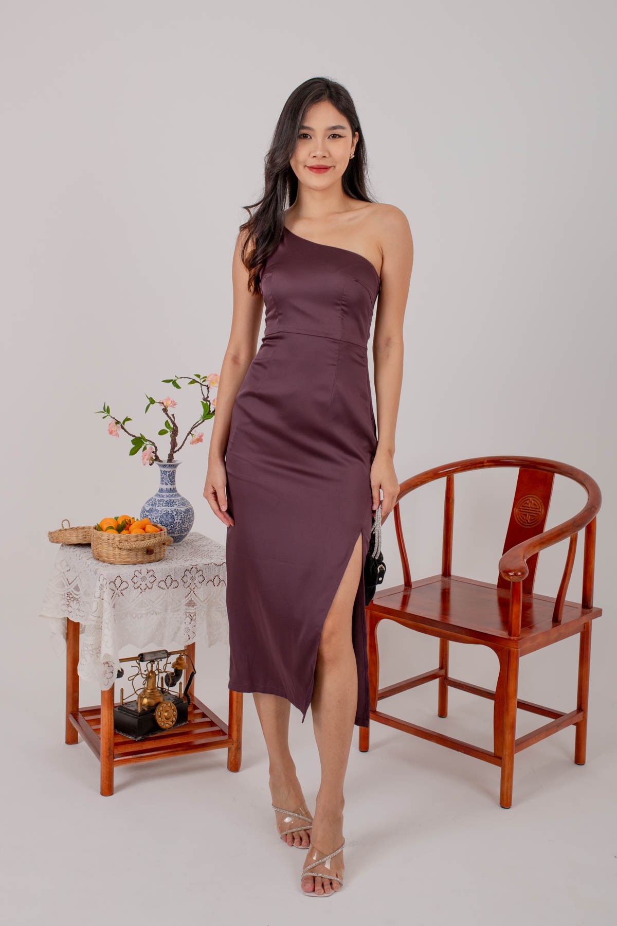 Shenia Toga Midi Slit Dress in Dark Mauve