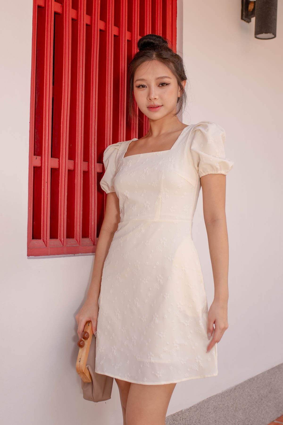 Kevonne Square-Neck Textured Dress in Cream