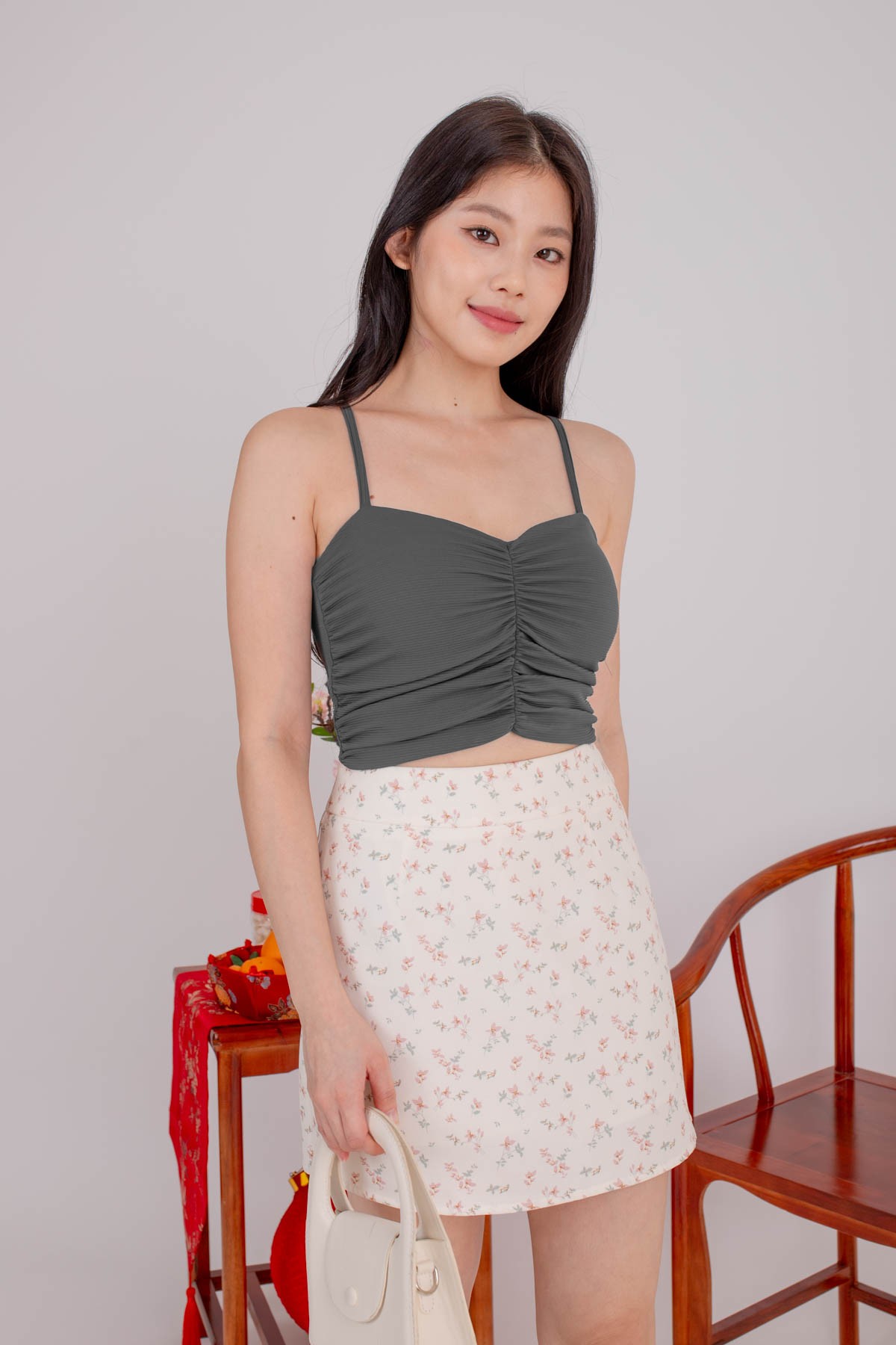 Zoyee Padded Ruched Top in Gunmetal