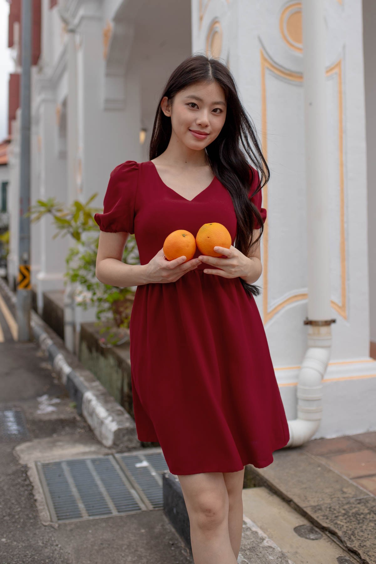 Cheya Padded Tie-Back Puff Dress in Wine