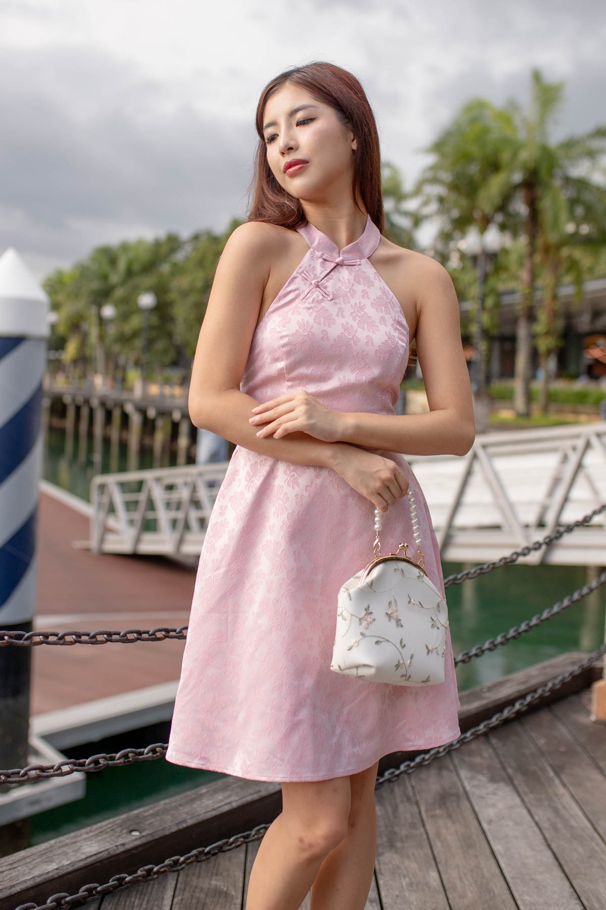 RESTOCK: Honna Halter Smocked Flare Cheongsam in Blush