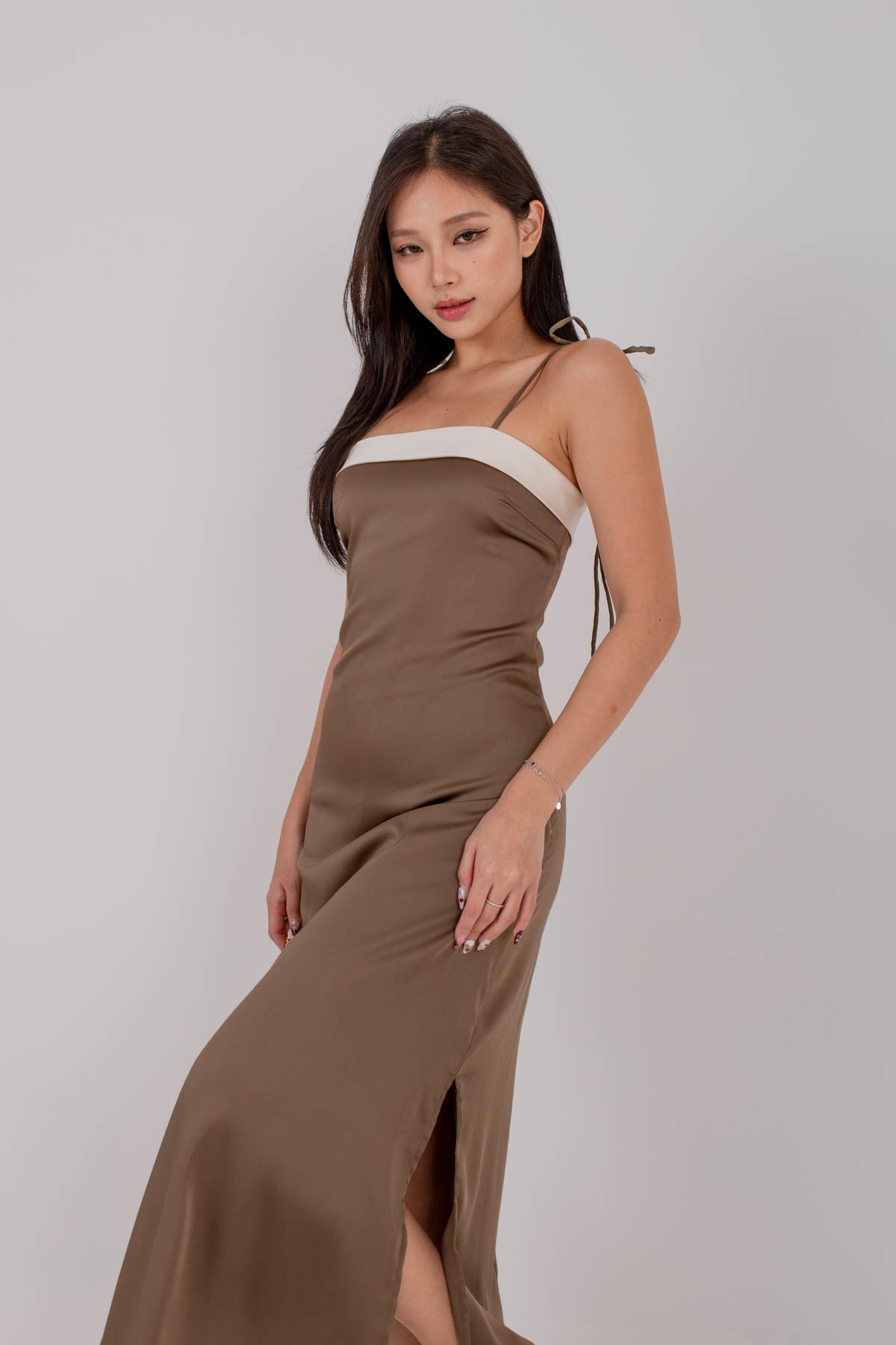 Zenn Overlap Tie-Strap Dress in Coffee