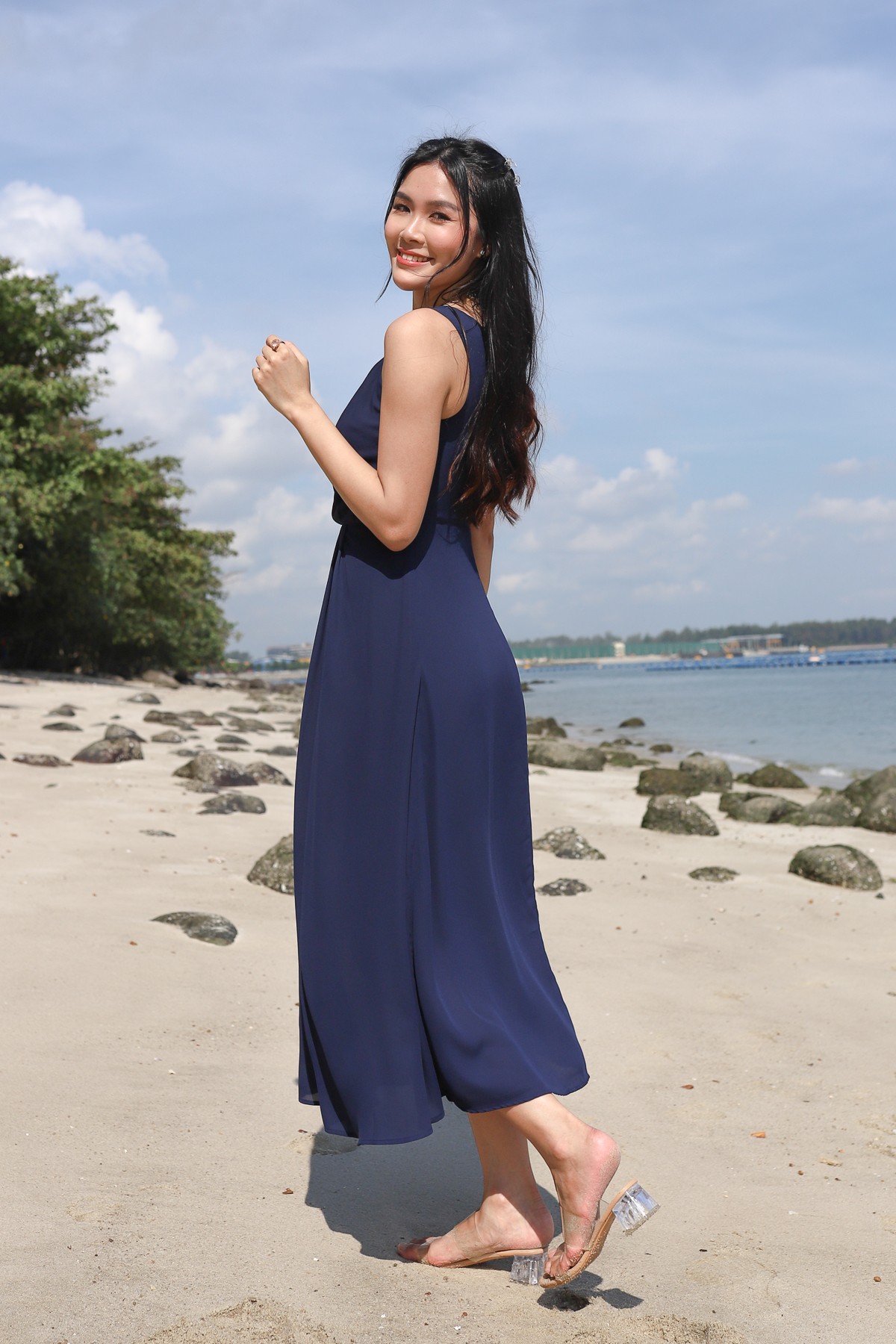 Junia Toga Off-Shoulder Dress in Navy