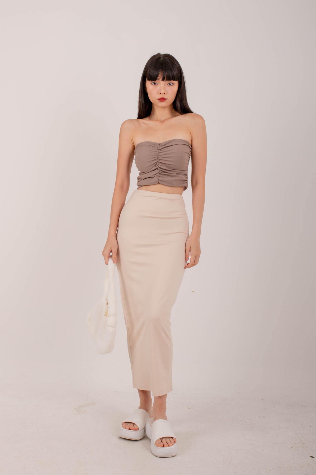 Kayley Ruched Tube Top in Taupe