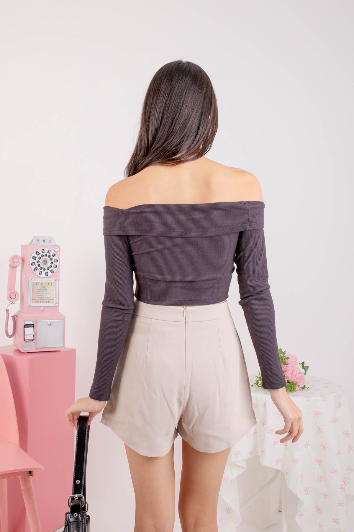 Karisa Off-Shoulder Knit Top in Gunmetal